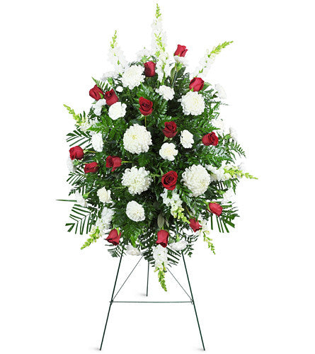 In Loving Memory Red Roses & White Blooms Standing Spray – Dragonetti ...